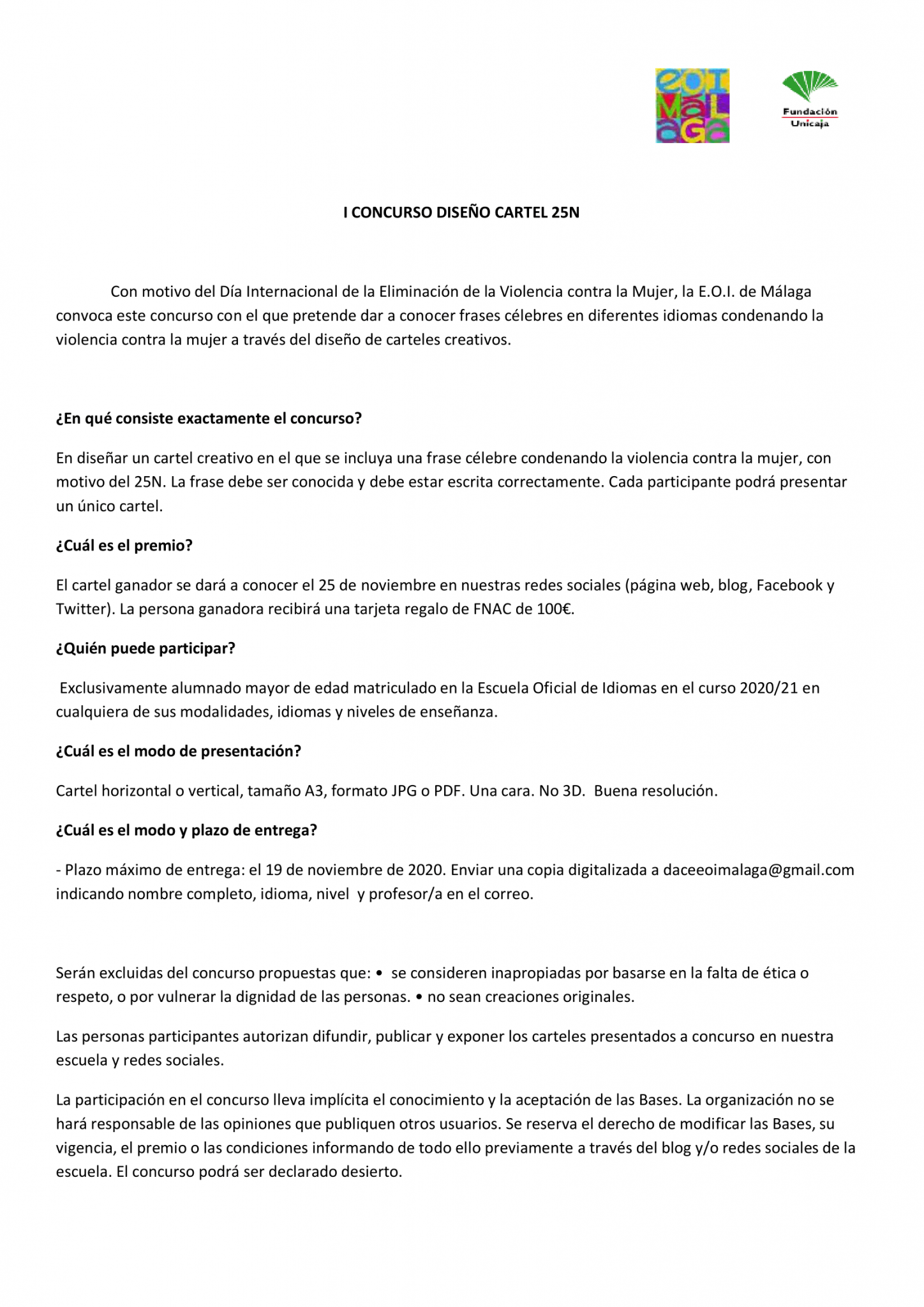 Concurso cartel 25N - Página Oficial de la EOI de Málaga ::Los idiomas ponen el mundo a tus pies::